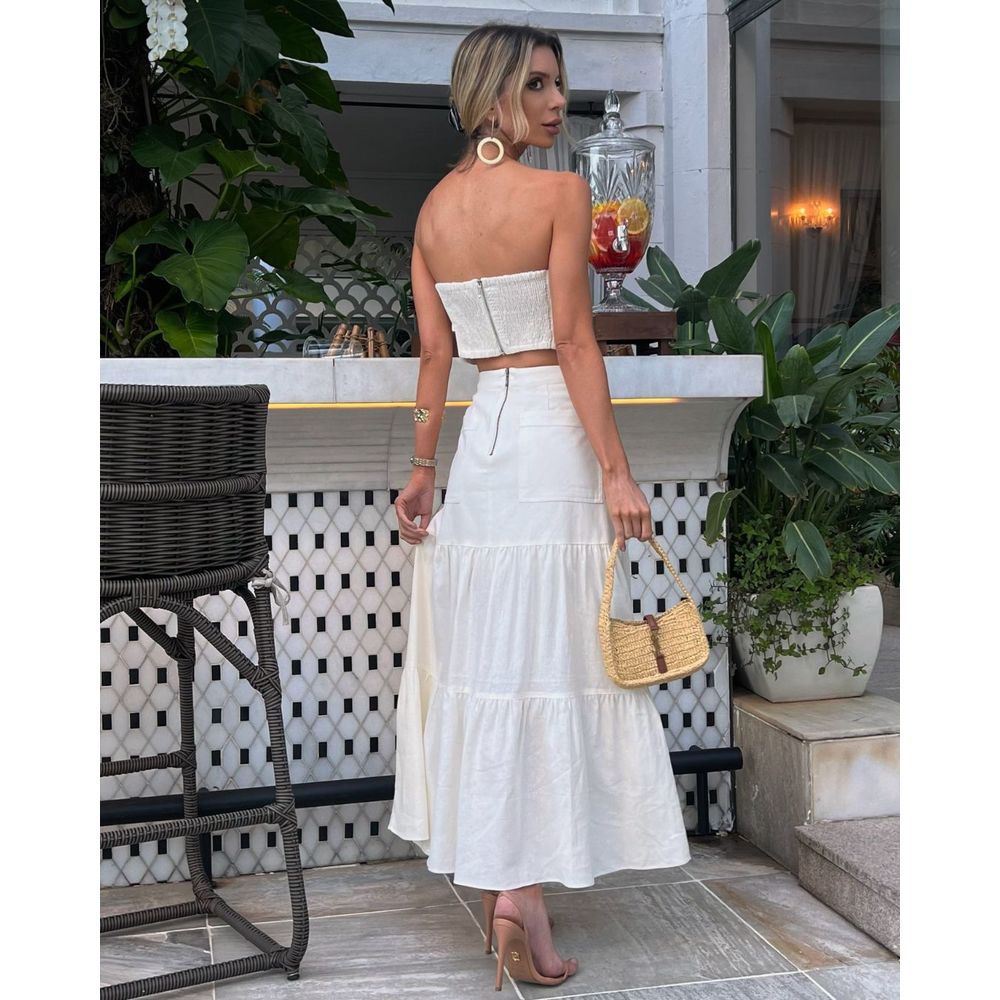 Saia Midi Linho Bolsos Off White - Murau
